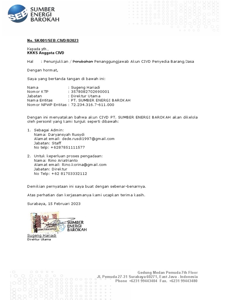 Penunjukkan Penanggungjawab Akun CIVD Penyedia Barang Atau Jasa | PDF