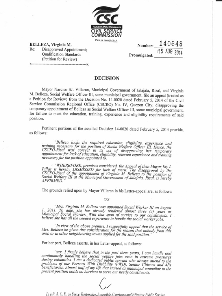 D140648 - ND - Disapproved Appointment - Temporary - Lack of Education ...