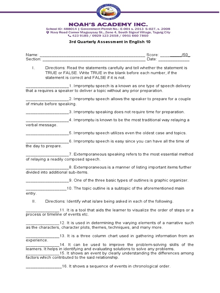 English 10 Quarterly Assessment Guide | PDF
