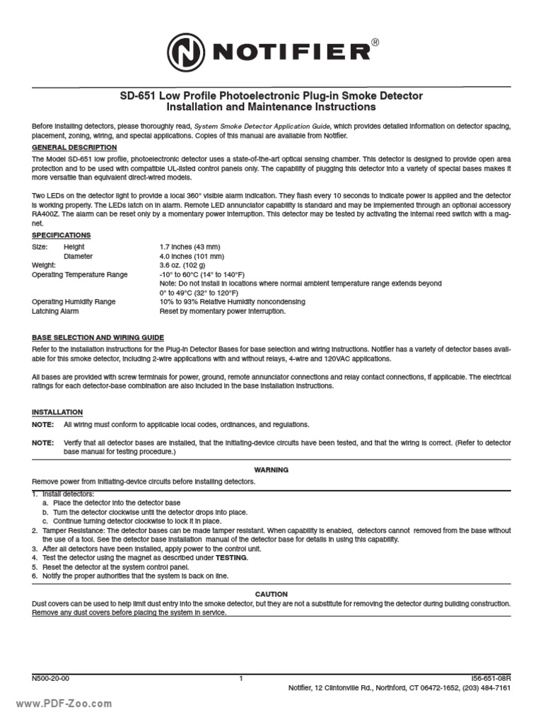 Notifier SD 651 SD 651A Low Profie Plug in Smoke Detectors | PDF ...