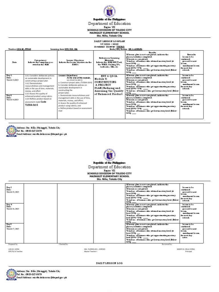 DLLP-EPP-Q-3-IA - Wk-5-2022-2023-Constructing Plan | PDF | Lesson Plan | Cognitive Science