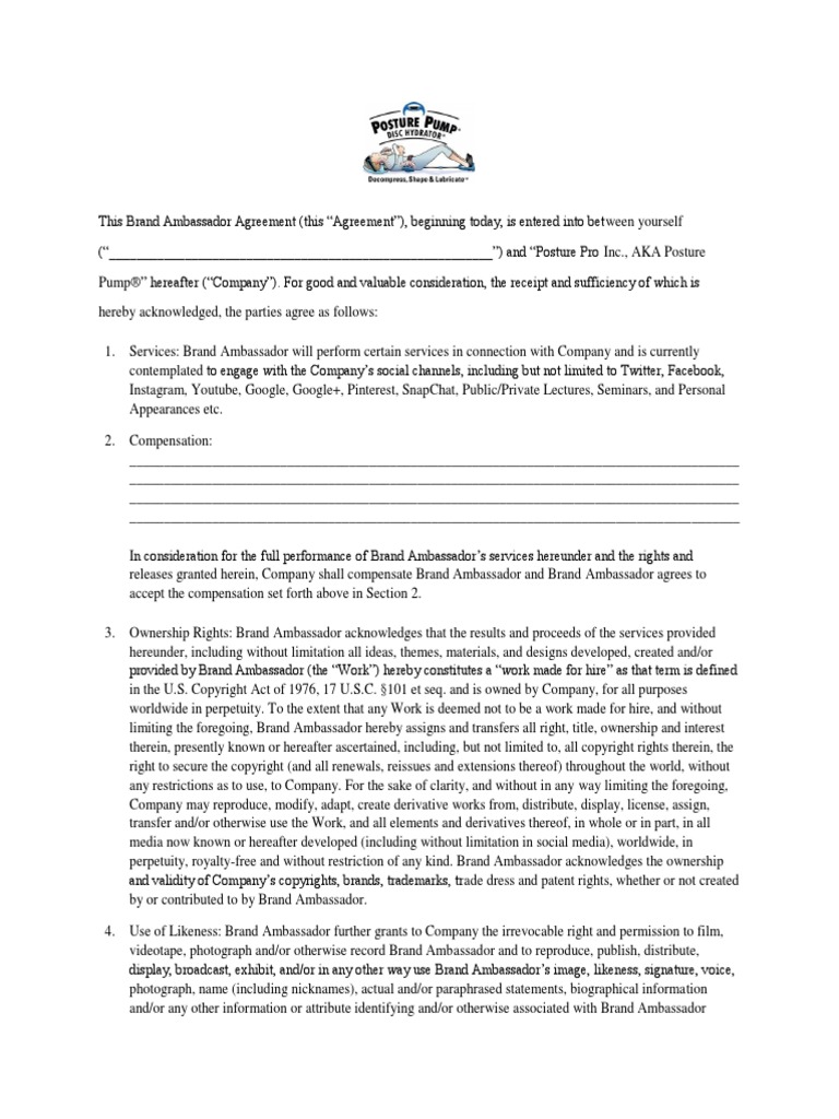 Posture-Pump-Brand-Ambassador-Agreement | PDF | Brand | Copyright