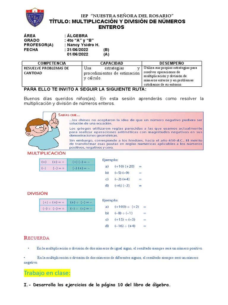 Multiplicación y División de Números Enteros | PDF