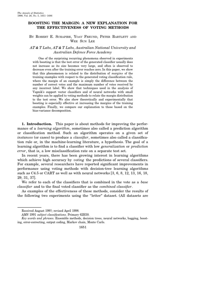Lec. 14 - Bartlett P. Boosting The Margin - A New Explanation For The Effectiveness of Voting ...