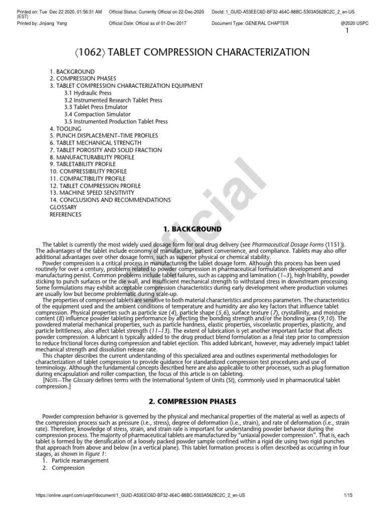 Usp 1062 Tablet Compression Characterization | PDF | Tablet (Pharmacy) | Deformation (Engineering)