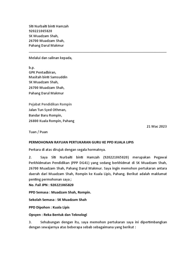 Contoh Surat Rayuan Pertukaran Sekolah 2019 | PDF