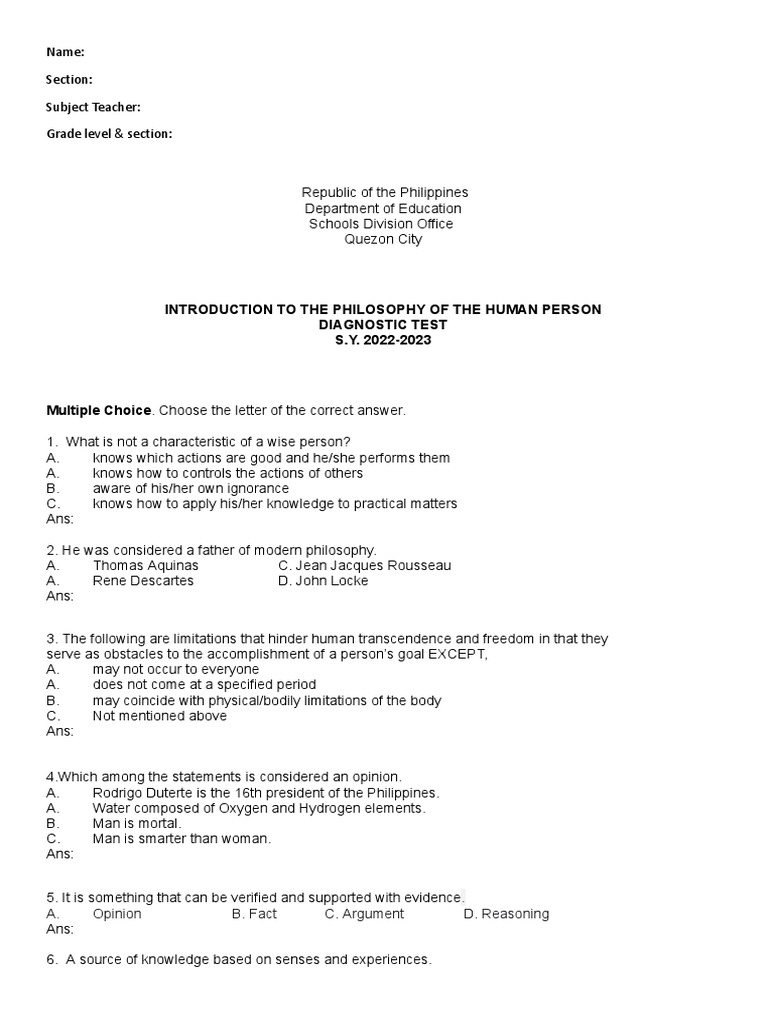 INTRODUCTION TO THE PHILOSOPHY OF THE HUMAN PERSOn Diagnostic Exam ...