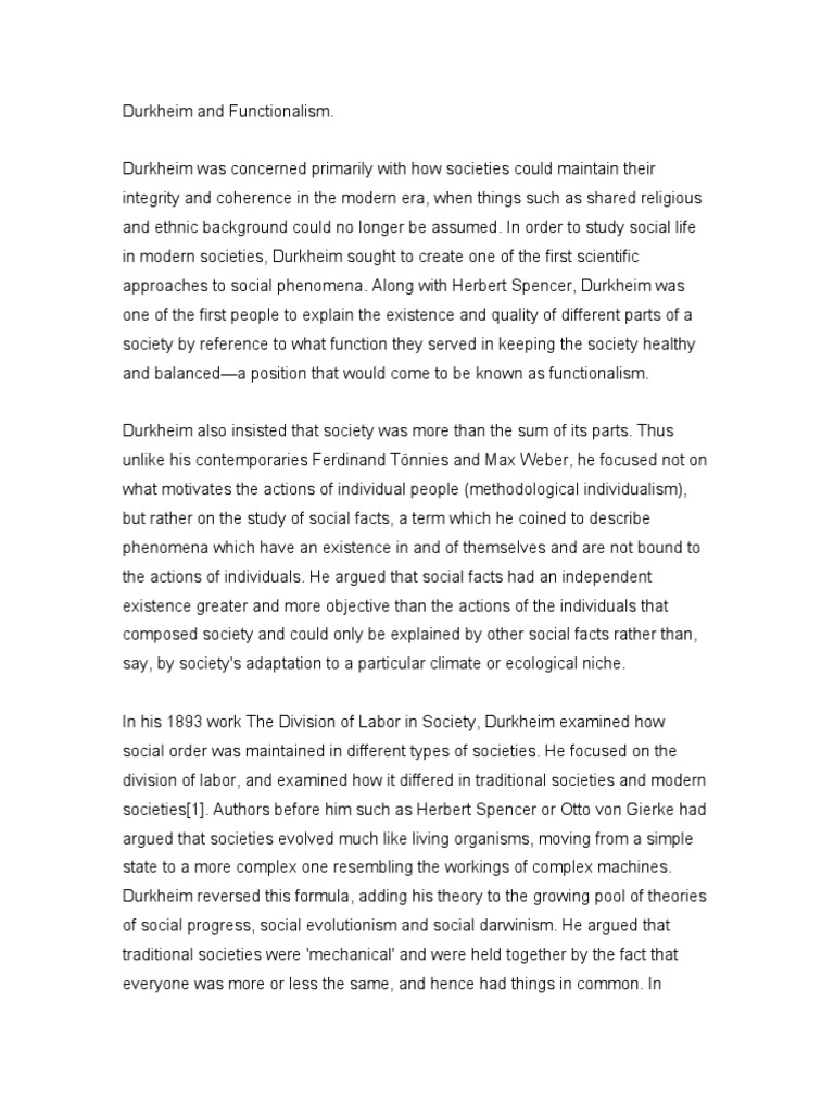 7 Durkheim and Functionalism | PDF | Émile Durkheim | Sociological Theories