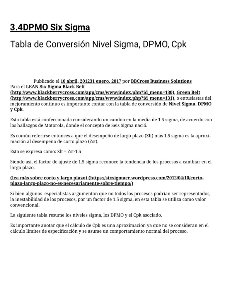 Tabla de Conversión Nivel Sigma, DPMO, Cpk _ 3.4DPMO Six Sigma | PDF | Six Sigma | Business