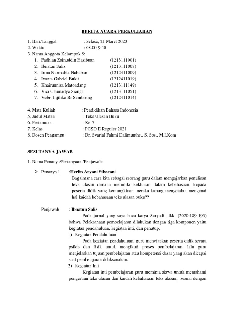 Berita Acara Perkulihan Kel.5 - PGSD e 2021 PDF | PDF