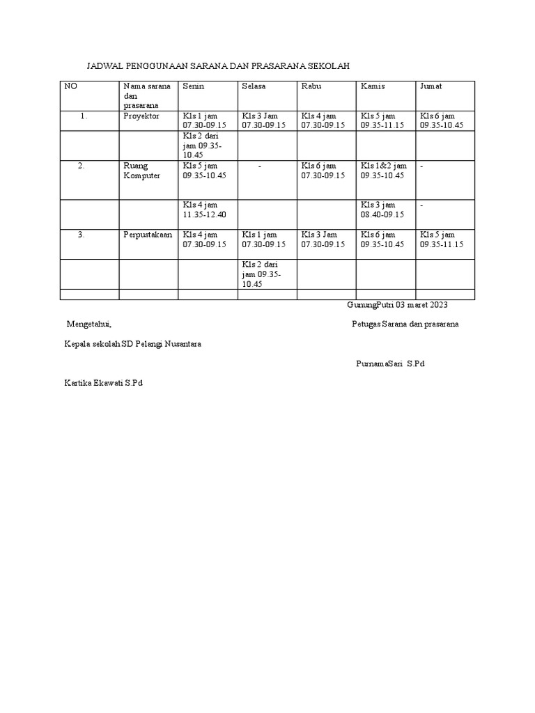 Jadwal Penggunaan Sarana Dan Prasarana Sekolah | PDF