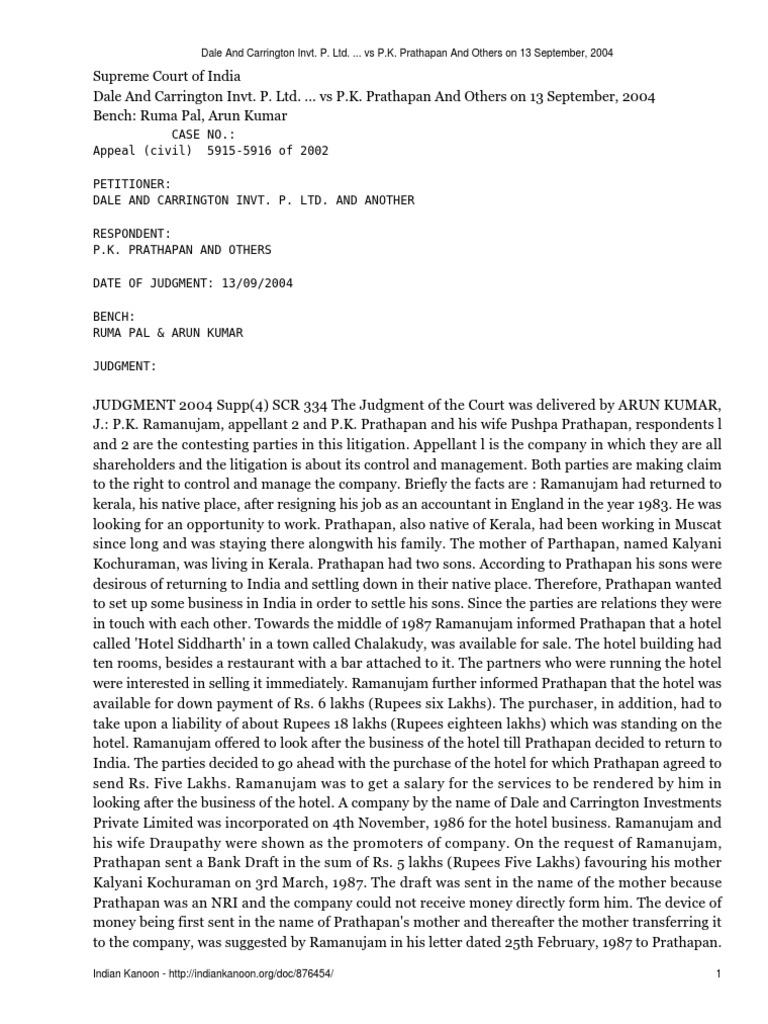 Dale & Carrington v. Prathapan Case Summary | PDF | Board Of Directors ...