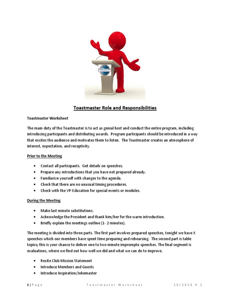 Template For Toastmaster Role and Responsibilities PDF | PDF