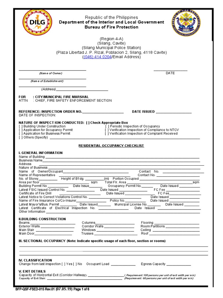 INSPECTION ORDER CHECKLIST - FIRE CODE | PDF | Door | Firefighting