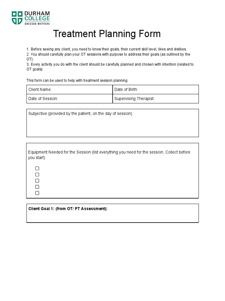 OT Treatment Planning Form | PDF | Patient | Psychology