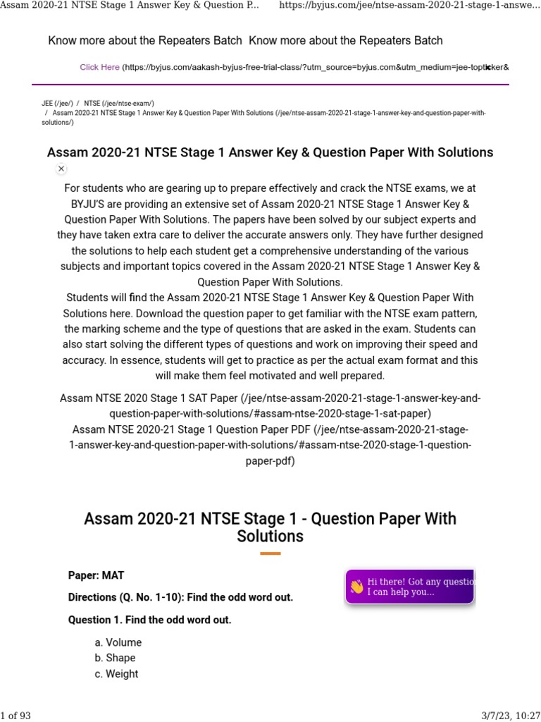 Assam 2020-21 NTSE Stage 1 Answer Key & Question Paper With Solutions PDF | PDF