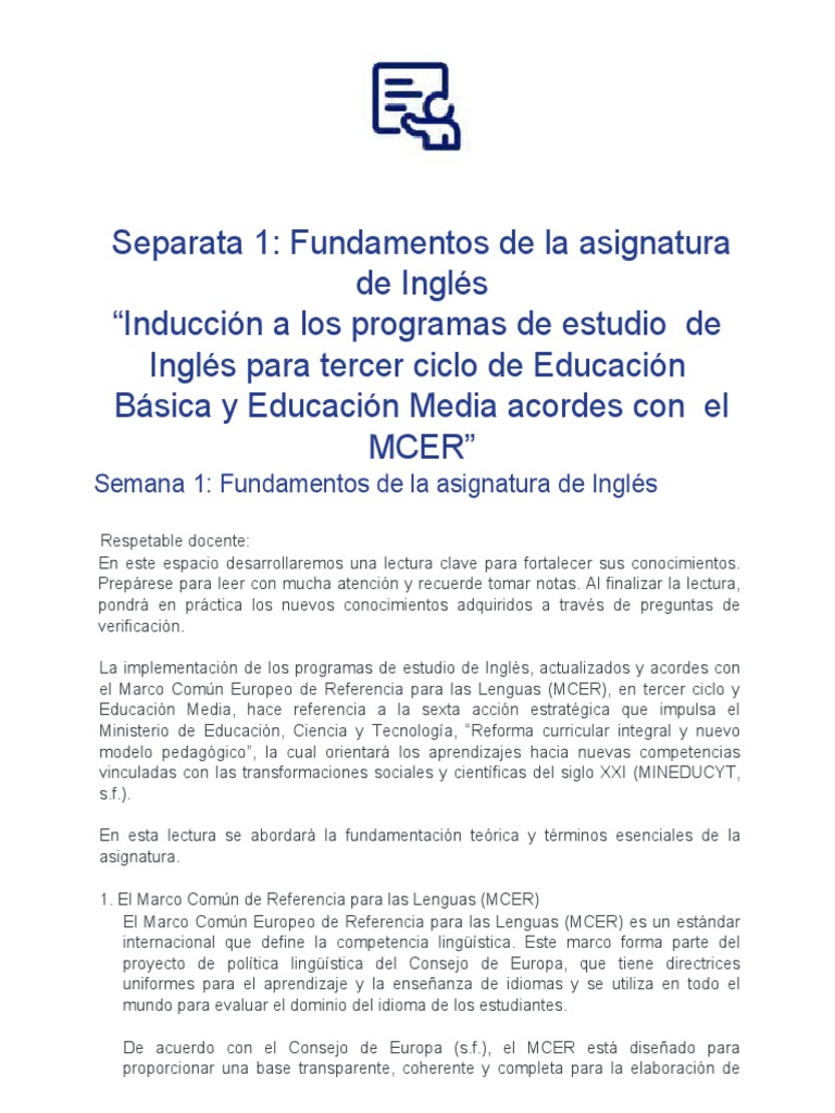 Separata 1 Programa de Estudio Ingles PDF | Descargar gratis PDF | Idioma en Inglés | Aprendizaje