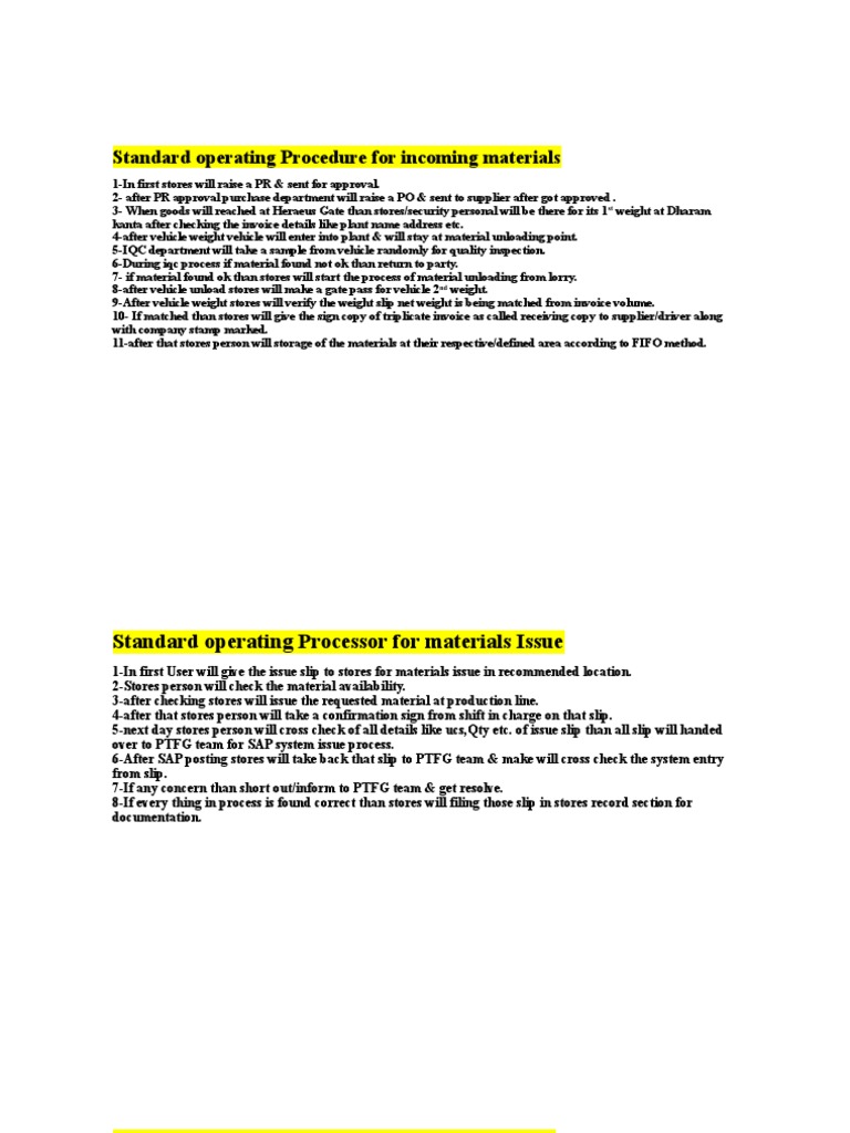 Standard Operating Procedure For Incoming Materials | PDF | Computing