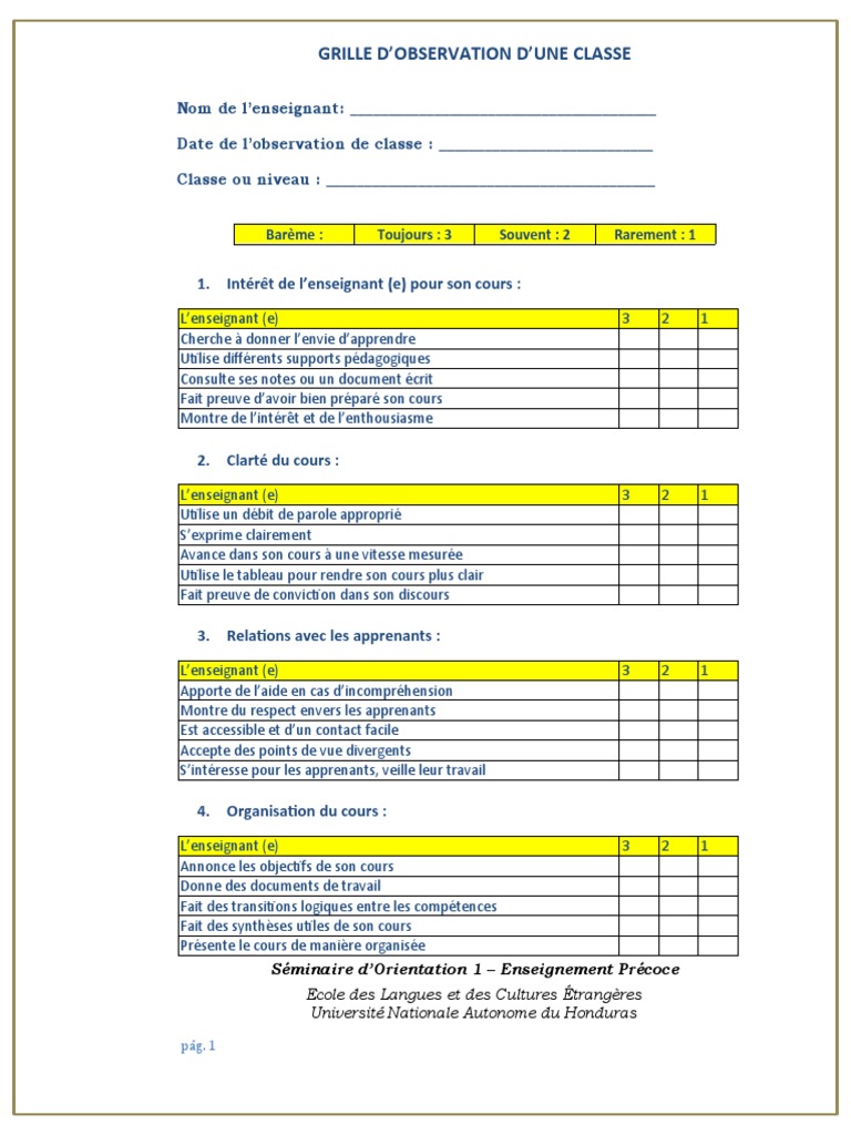 Grille d'Observation en Classe | PDF | Cognition