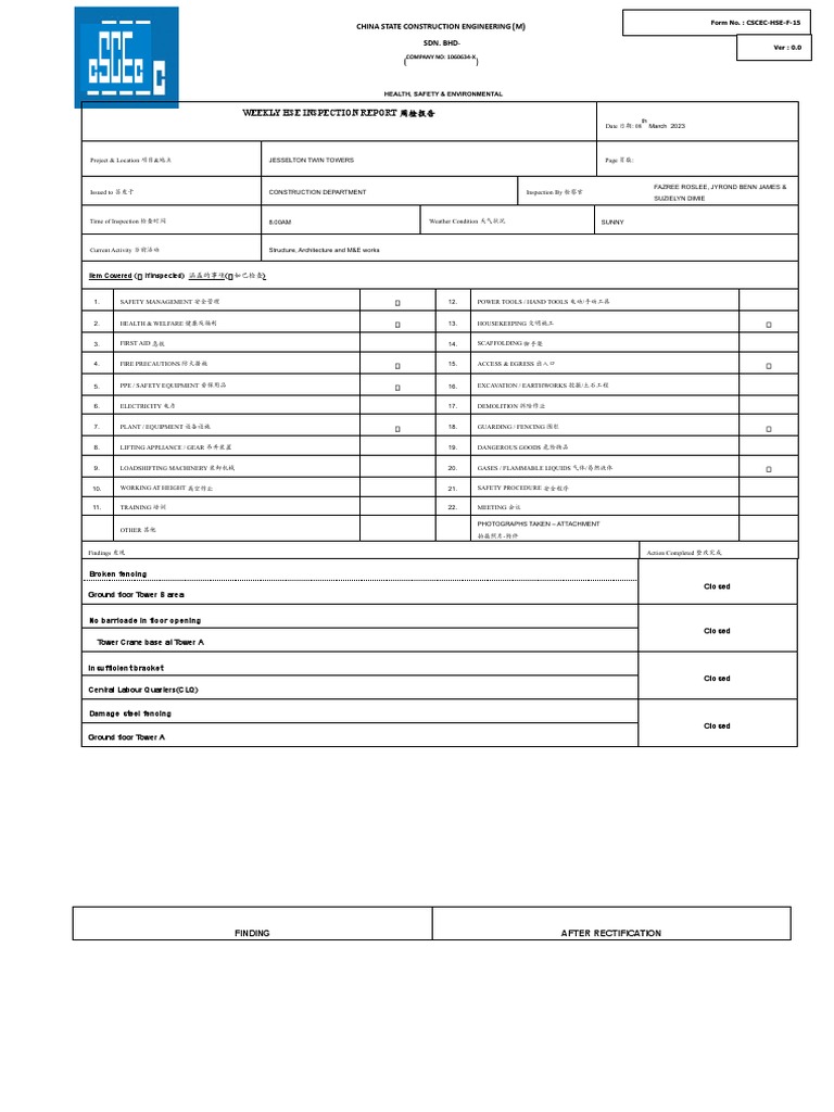 CSCEC-HSE-F-15 Site Inspection Report 08.03.2023 #4 | PDF ...