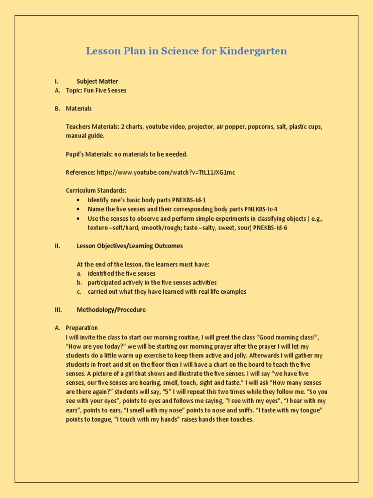 Five Senses Lesson Plan for Kindergarten | PDF | Senses | Lesson Plan