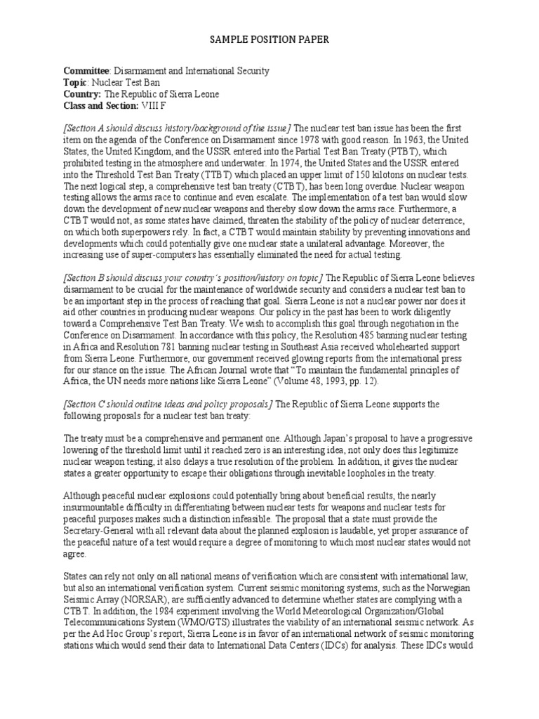 Sample-Position-Paper (MUN Resources) | PDF | Nuclear Weapons Testing ...