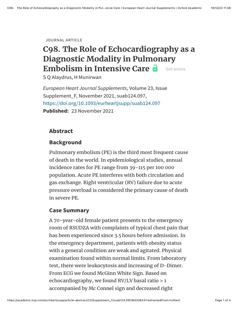 C98. The Role of Echocardiography As A Diagnostic Modality in Pulmonary Embolism in Intensive ...