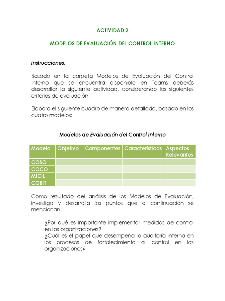 Actividad 2 - Modelos de Evaluación Del Control Interno | PDF