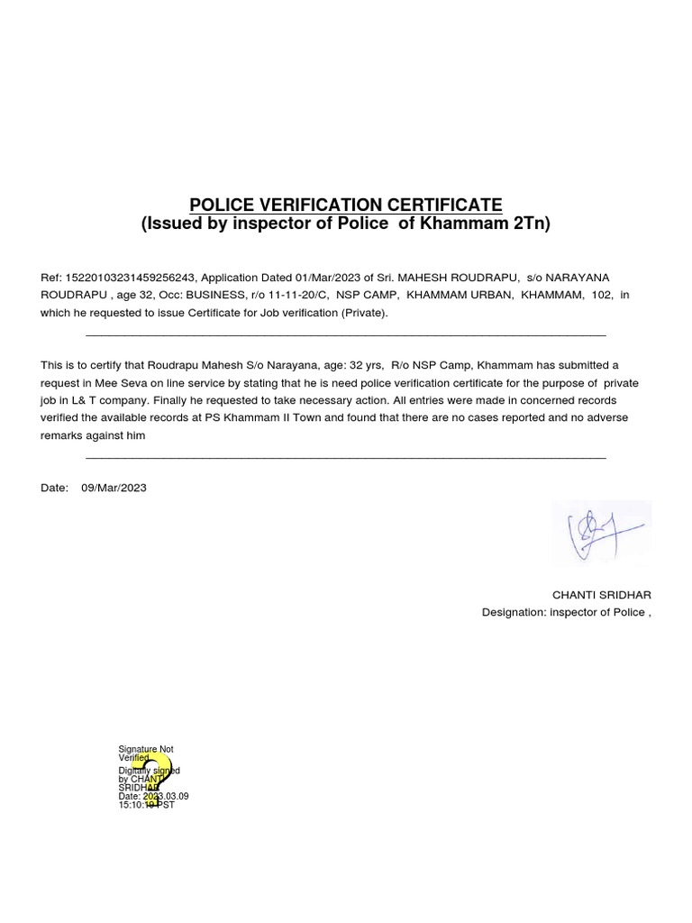 Police Verification Certificate (Issued by Inspector of Police of ...