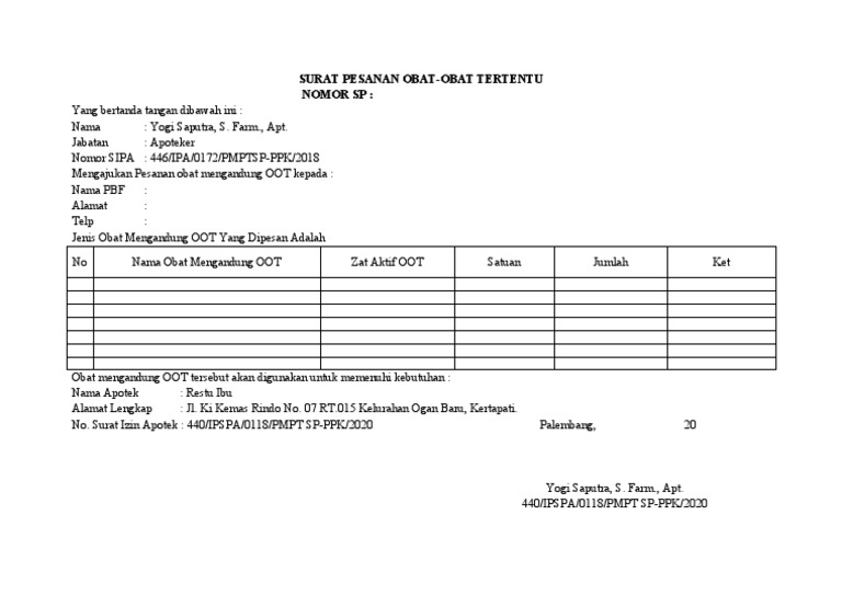 Surat Pesanan Obat OOT oleh Apoteker | PDF