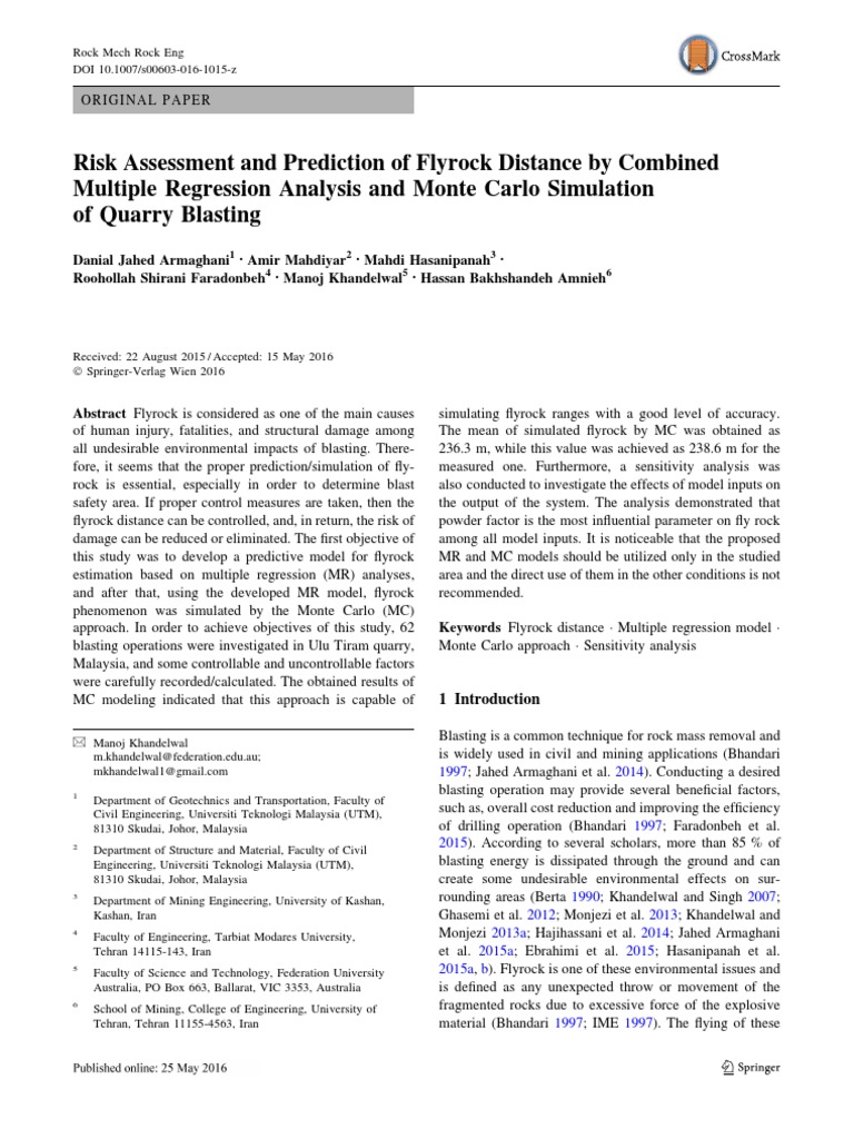 Risk Assessment and Prediction of Flyrock Distance by Combined Multiple ...