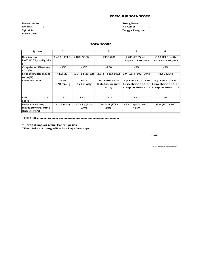 SOFA Score Assessment Form | PDF