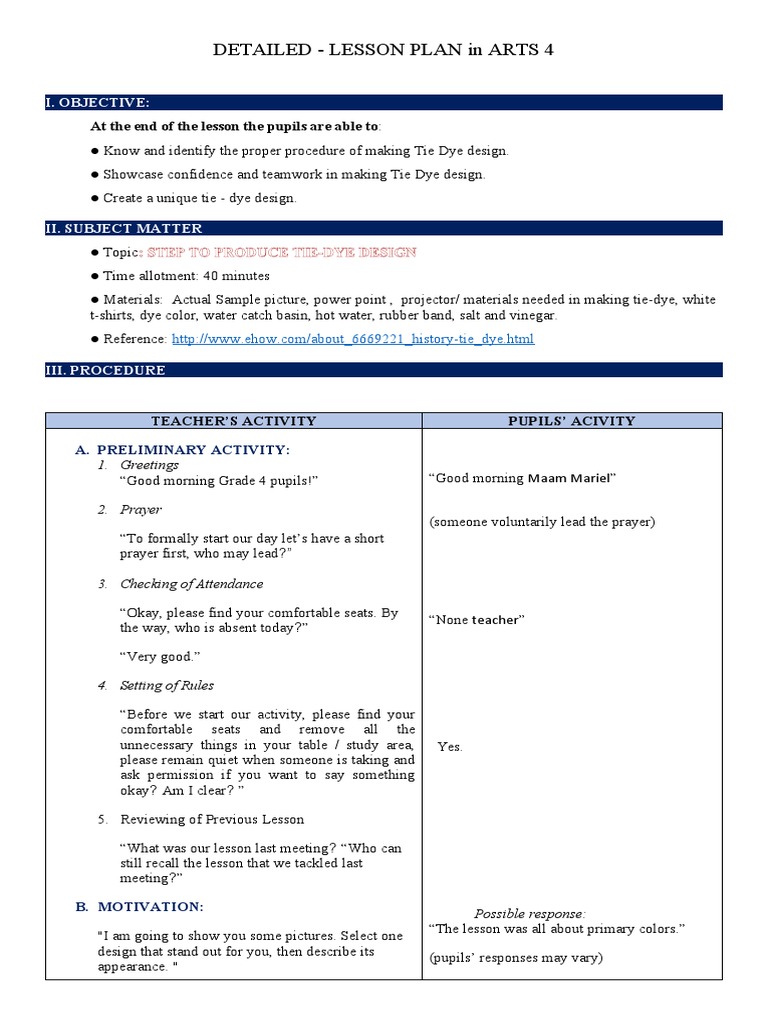 Lesson Plan in Arts4 | PDF