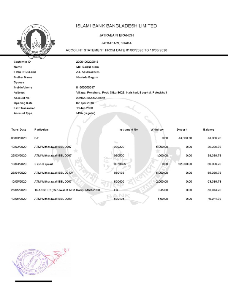 Islami Bank Account Statement 2020 | PDF | Finance & Money Management