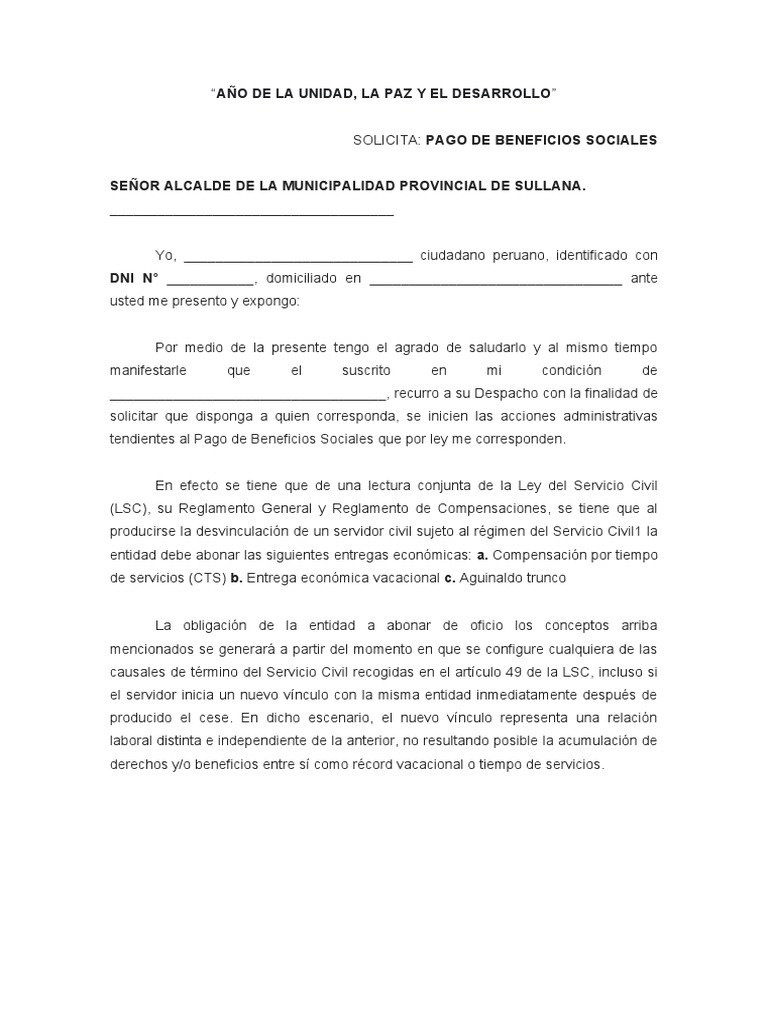 Modelo Solicitud Pago de Beneficios Sociales | PDF