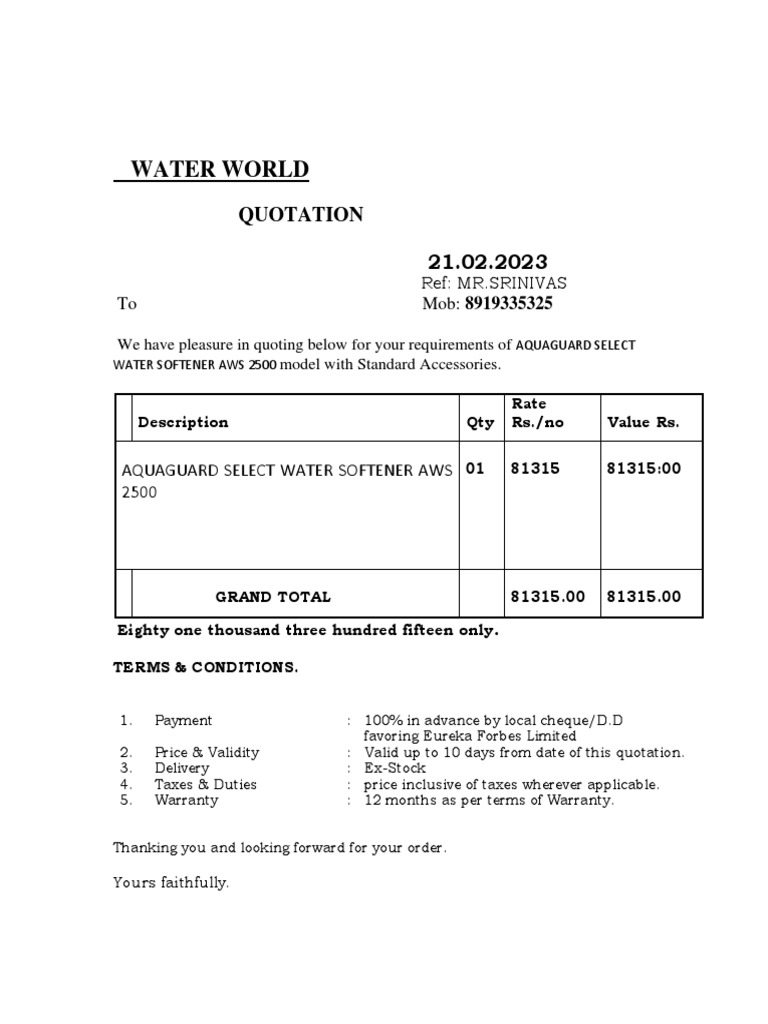 Aquaguard Quotations PDF | PDF