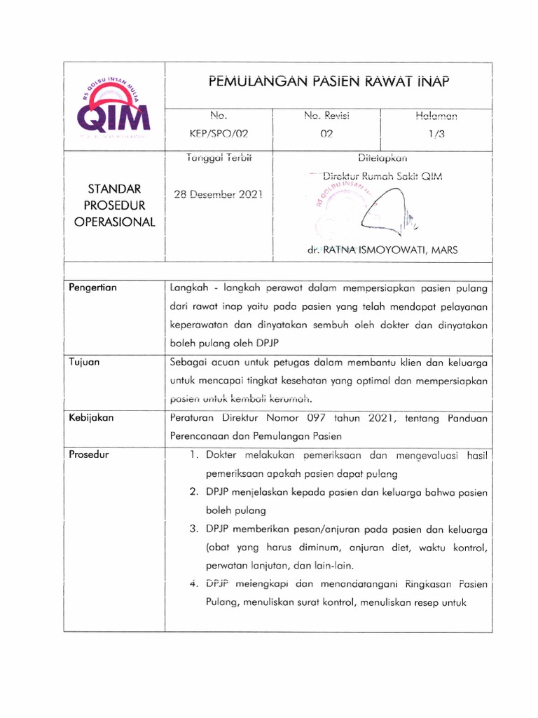 Spo Pemulangan Rawat Inap 1 Pdf