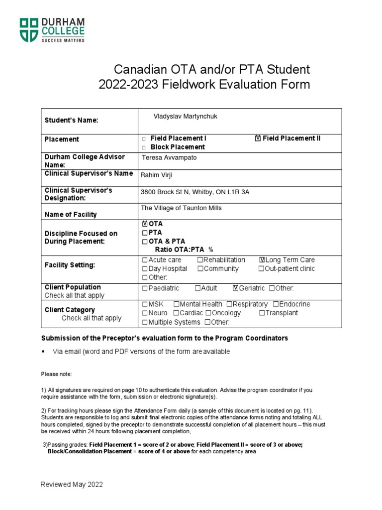 Ota Field Placement Evaluation Form - 2022-2023 | PDF | Communication ...