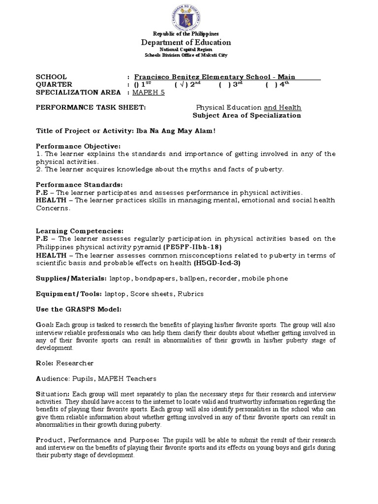 Performance Task-Pe-Health-Grade5 | PDF | Learning | Information