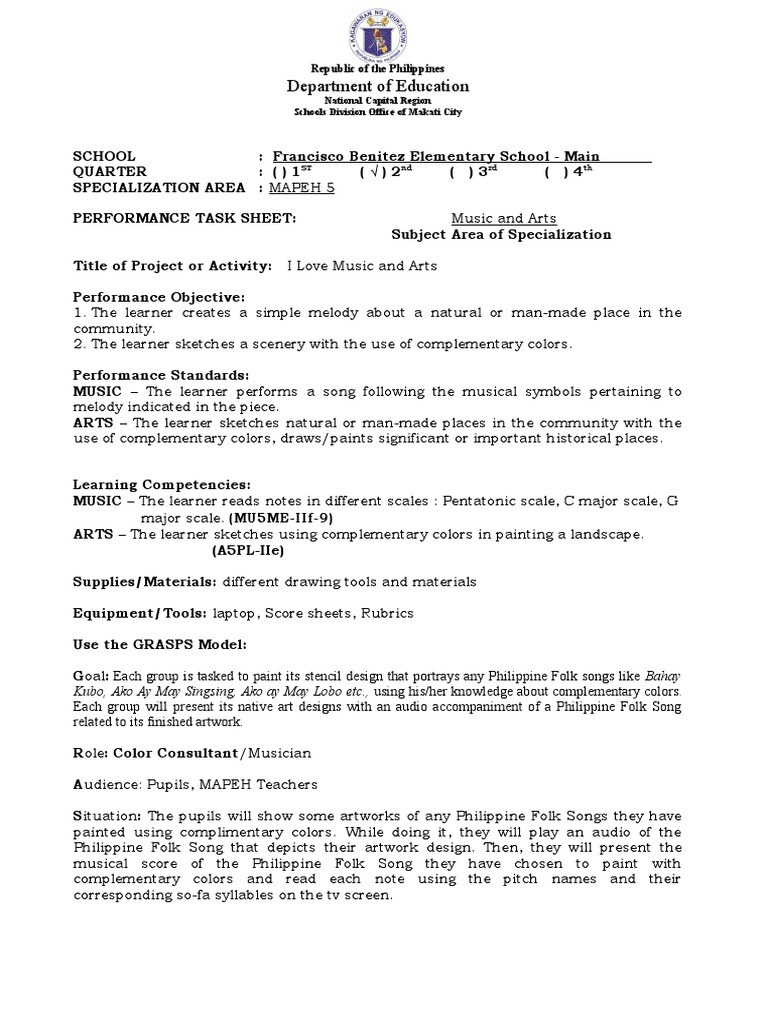 MAPEH 5 Performance Task: Music & Arts | PDF | Rubric (Academic ...