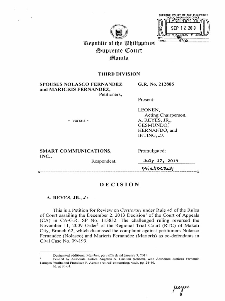 Fernandez vs. Smart Communications, Inc., 909 SCRA 293, July 17, 2019 ...