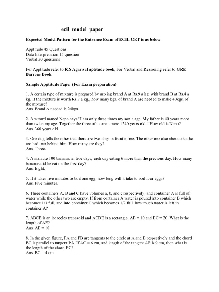 Ecil Model Paper: Expected Model Pattern For The Entrance Exam of ECIL ...