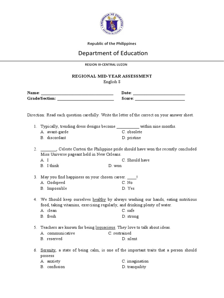 Grade 8 Regional Mid-Year Assessment | PDF