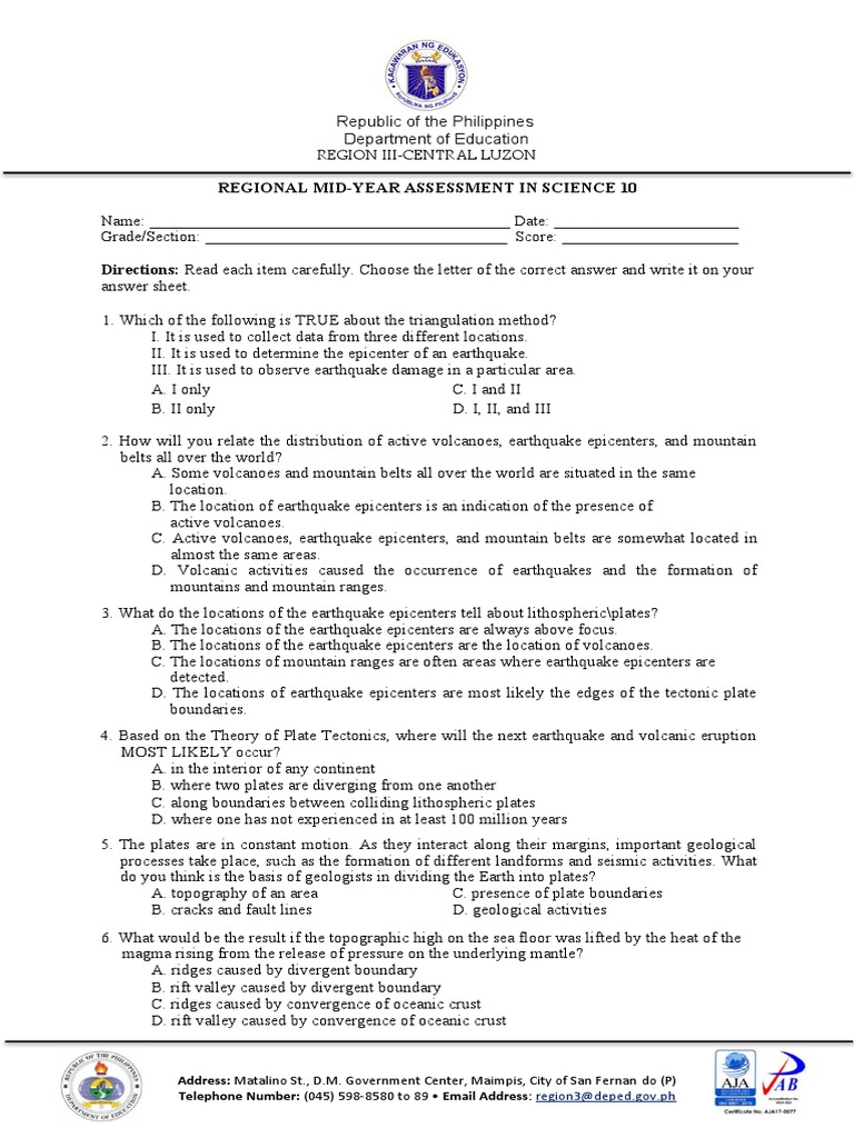 RQA Finalized Assessment English-8 | PDF | Plate Tectonics ...