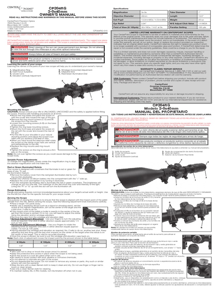 CenterPoint Optics 3 9x40 Adventure Class Rifle Scope Manual | PDF ...