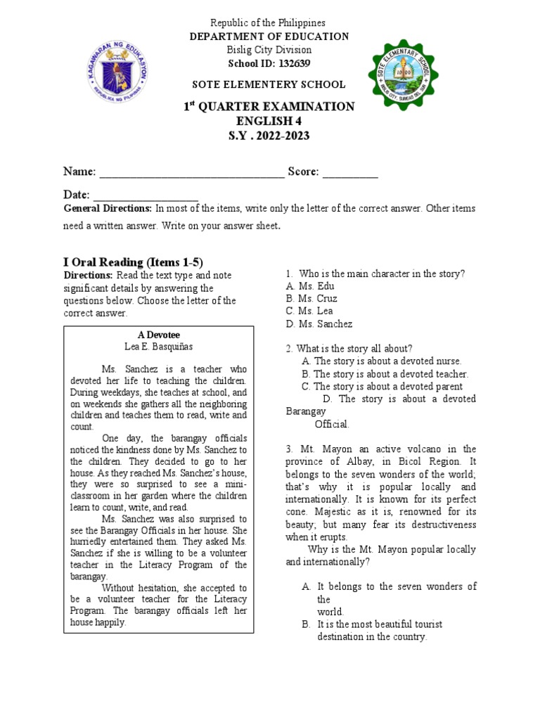 ENGLISH 4 Q1 Test Questionnaire | PDF