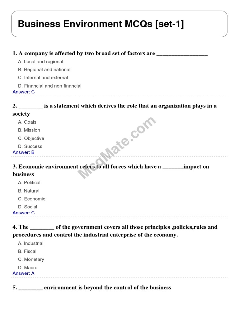 Business Environment Solved MCQs (Set-1) | PDF | Macroeconomics ...