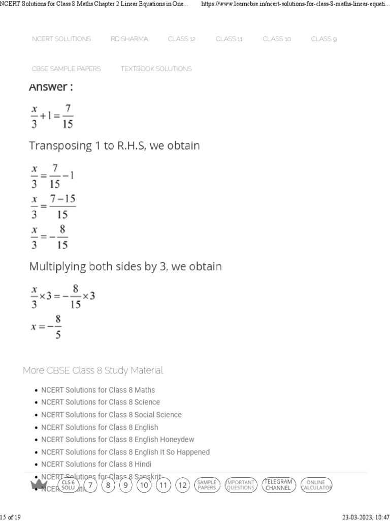 NCERT Solutions For Class 8 Maths Chapter 2 Linear Equations in One ...
