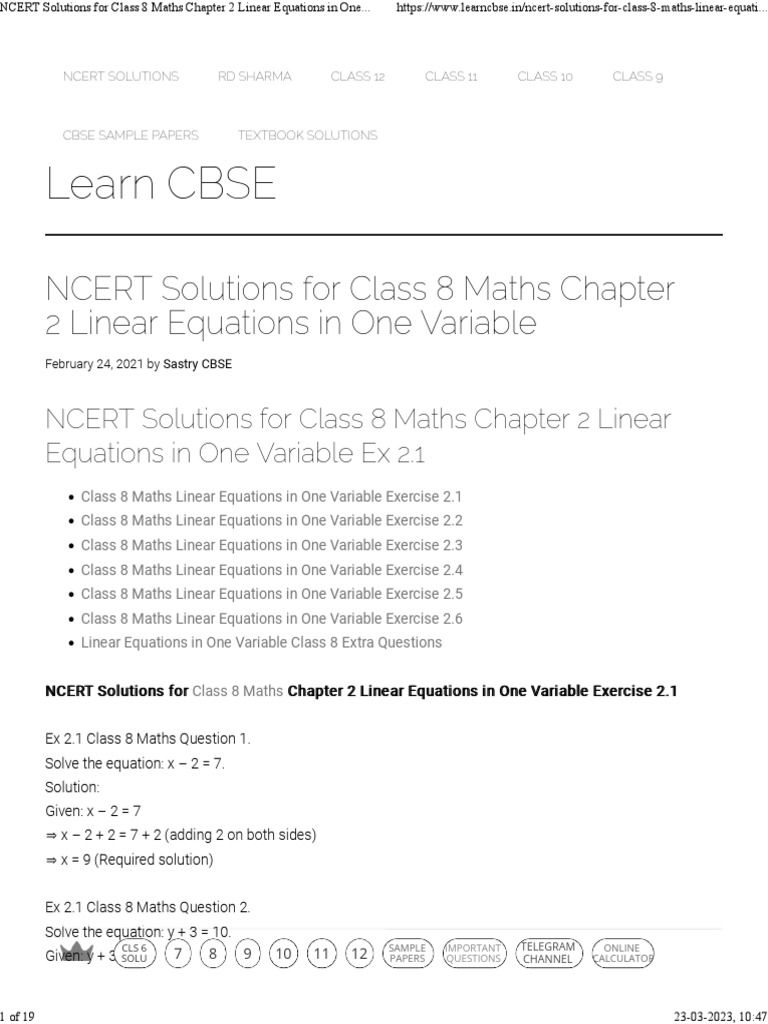NCERT Solutions For Class 8 Maths Chapter 2 Linear Equations in One Variable - Learn CBSE-1 ...
