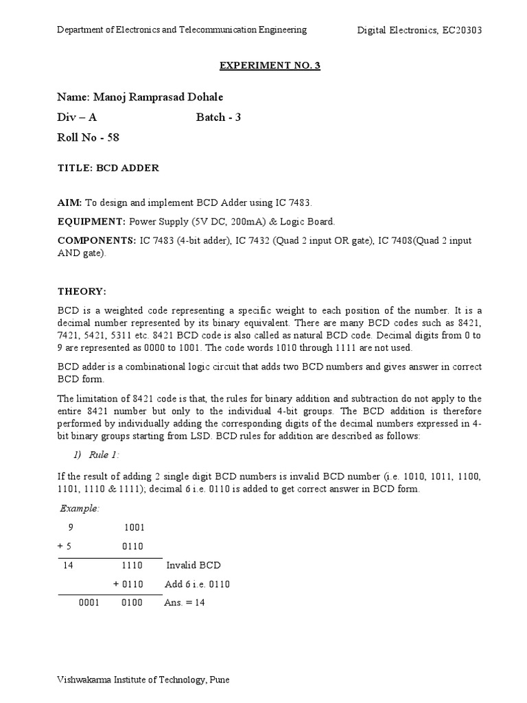 2exautkuuoDS - Exp - 3 - BCD ADDER - Roll No - 57 - Batch - 3 | Download Free PDF | Binary Coded ...